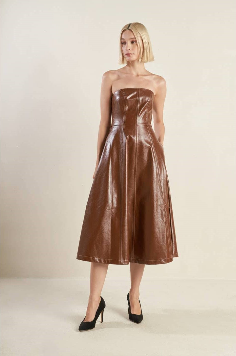 Normani Faux Leather Midi Dress – AHZURI